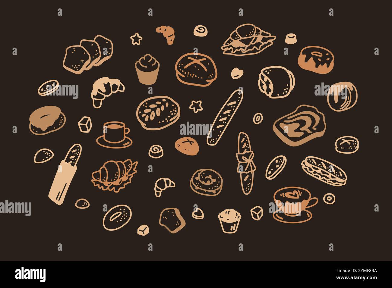 Bakery chalkboard. Pastry, bread, sandwich in doodle stile. Cute line ...