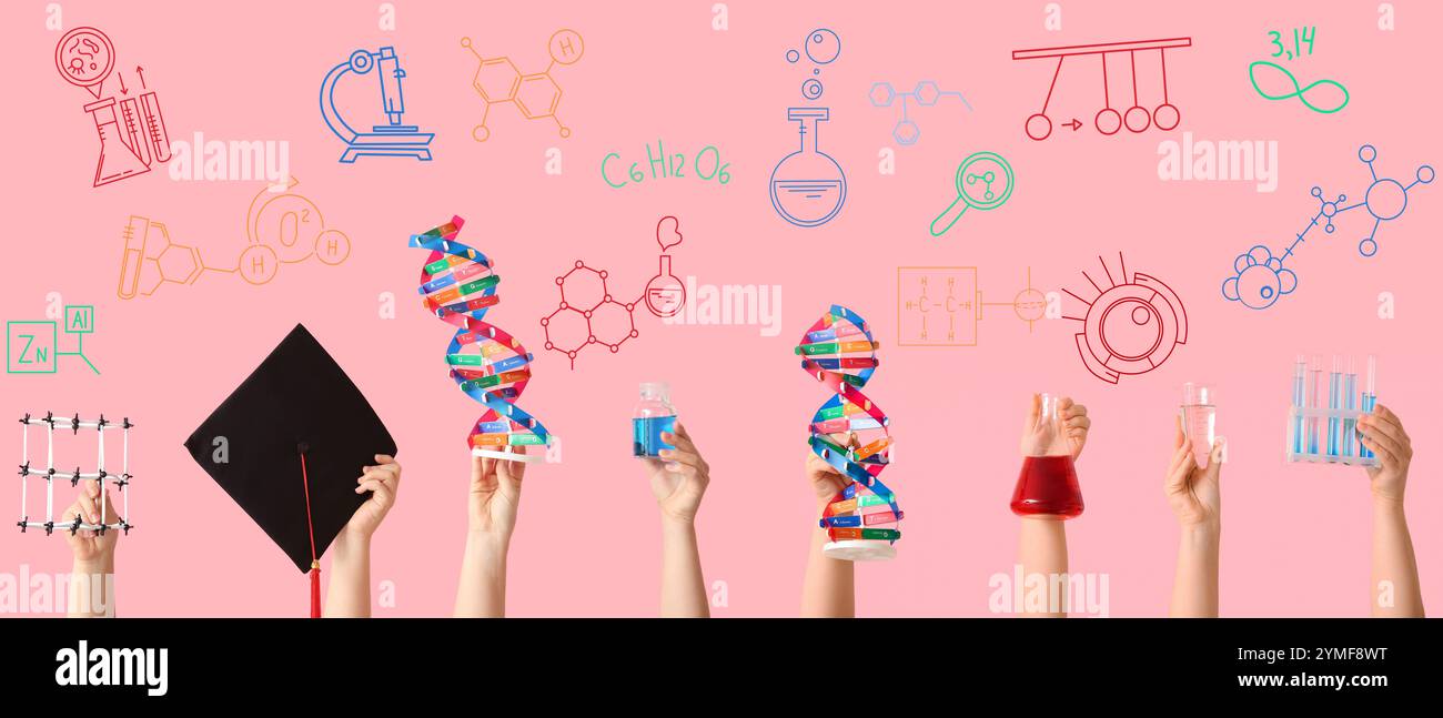 Many hands with laboratory glassware, graduation hat and molecule ...