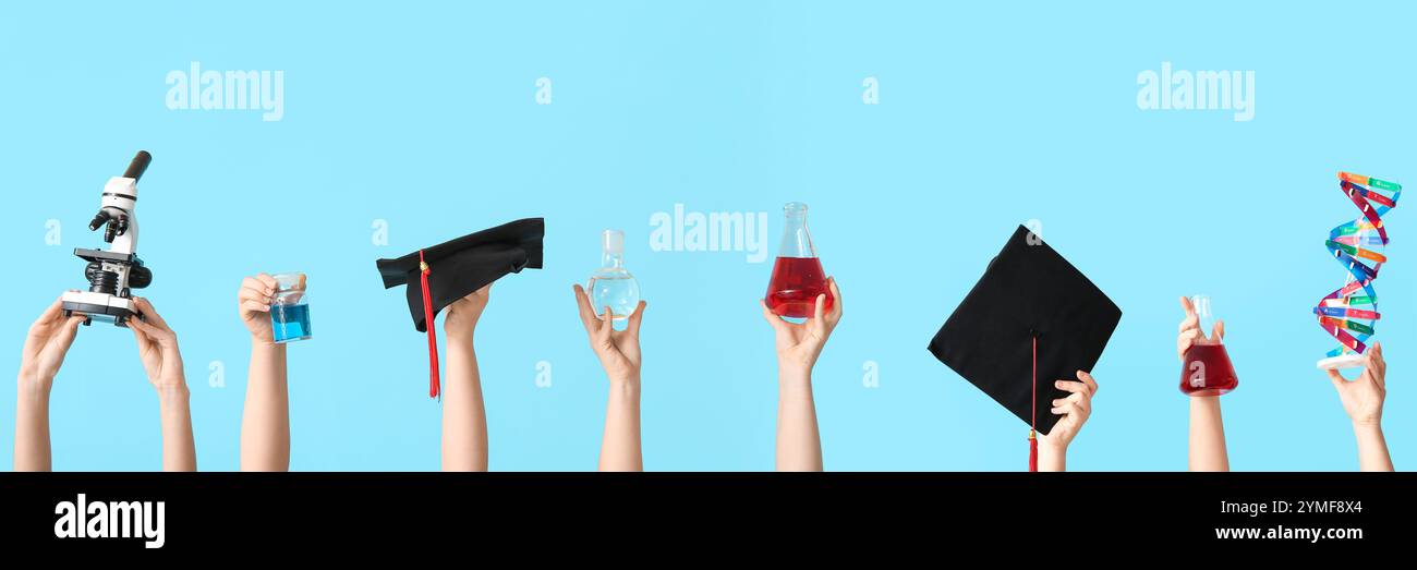 Many hands with laboratory glassware, microscope, DNA model and ...