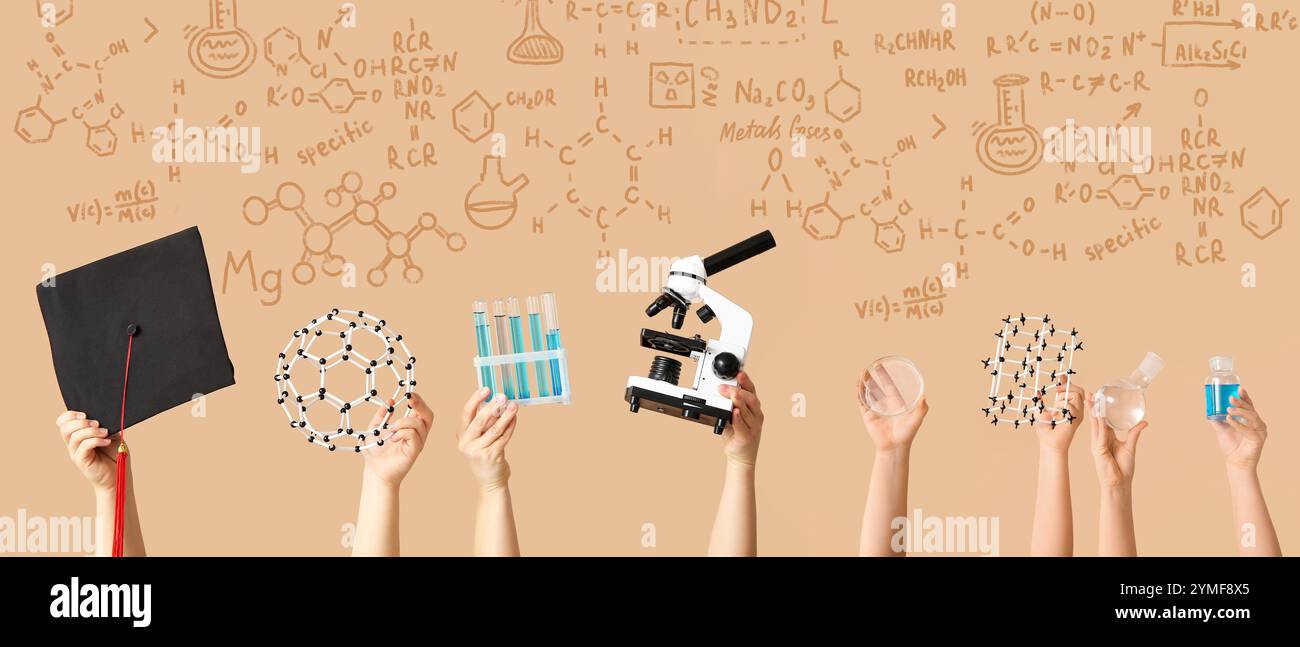 Many hands with laboratory glassware, graduation hat, microscope and ...