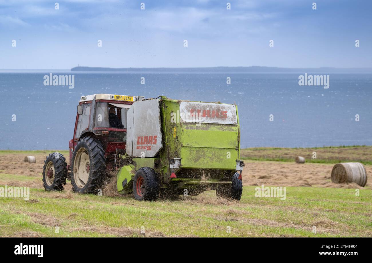 Farmer baling round bales of hay with a vintage International tractor and Claas baler ...