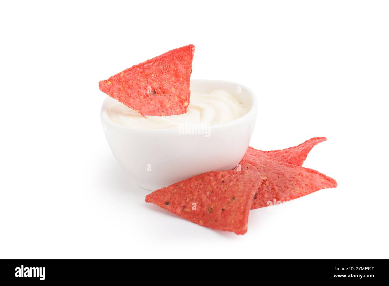 Tasty red nachos and mayonnaise on white background Stock Photo - Alamy