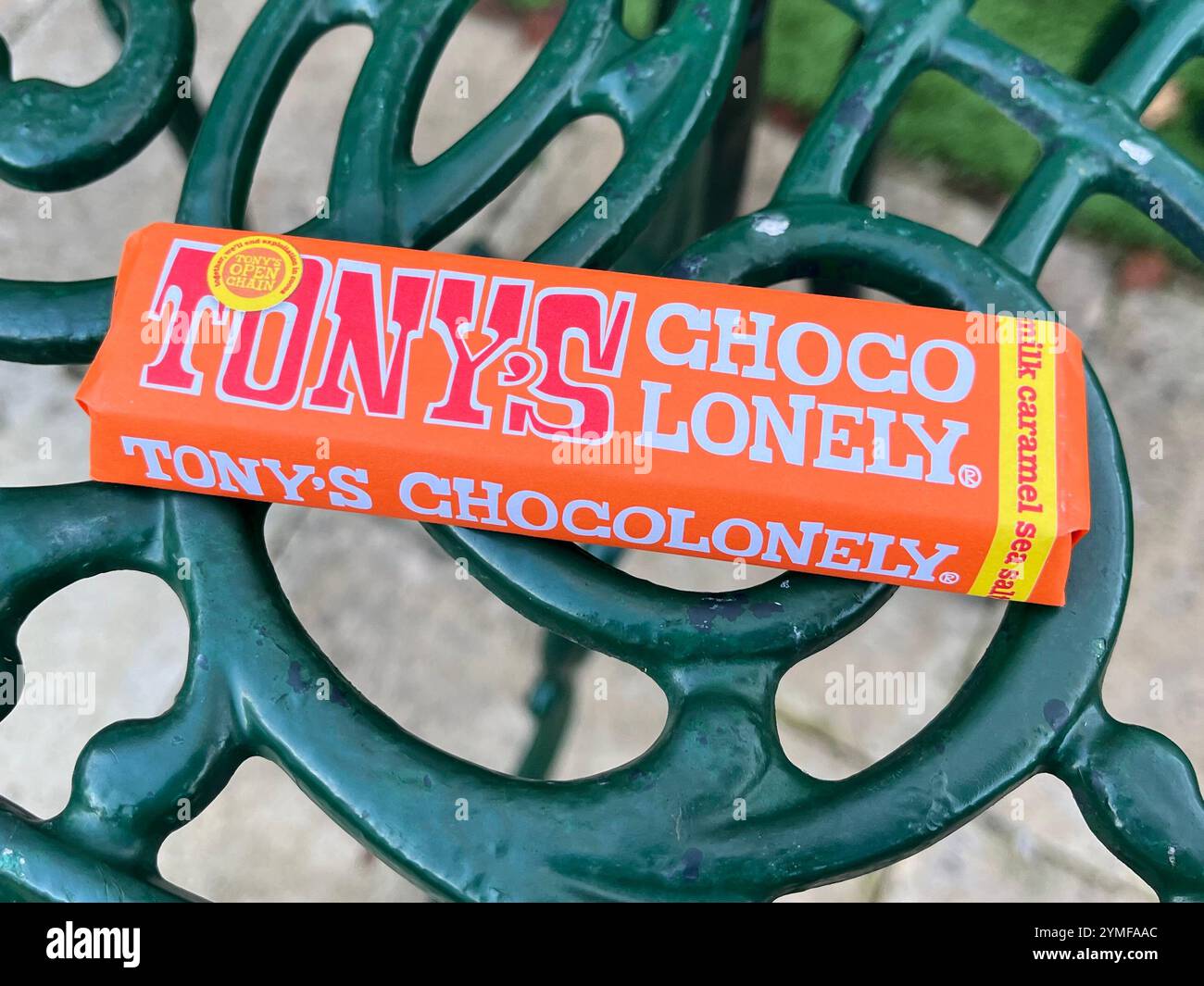 A bar of Tony's Chocolonely, Milk Caramel Sea Salt flavour Stock Photo ...