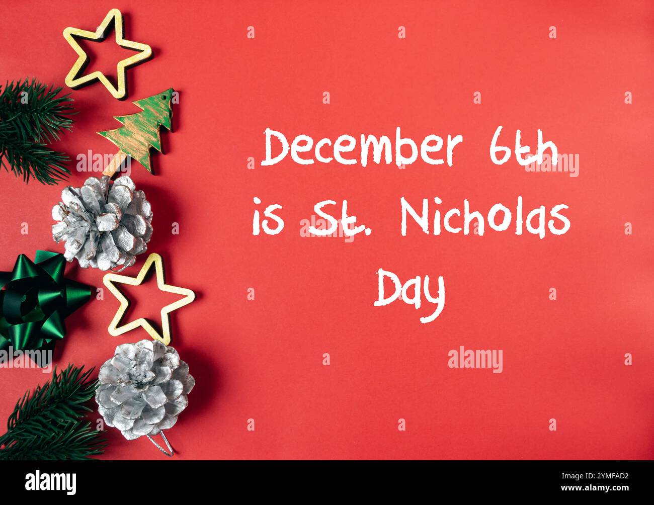 Red background with a Christmas tree and pine cones. The text reads ...