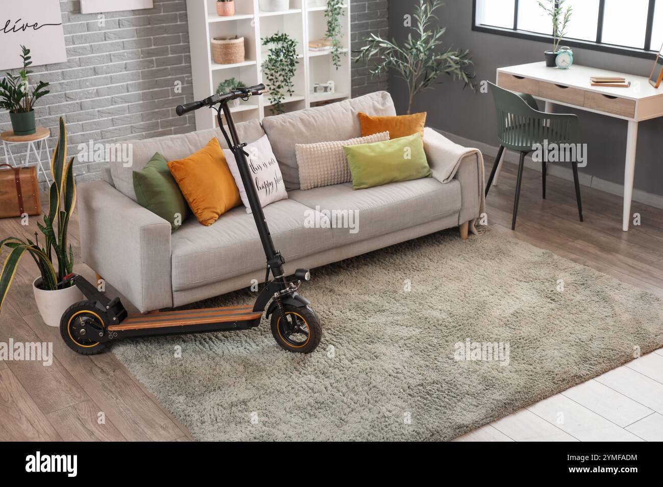Interior of modern living room with electric scooter, sofa and shelf ...