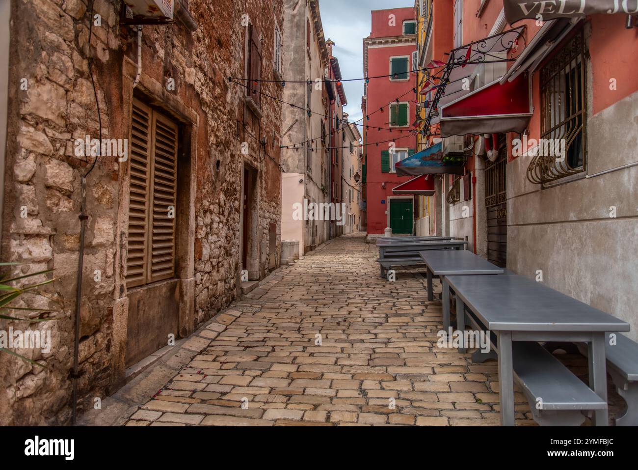 Old historical dreamy streets. Beautiful houses and businesses in a ...