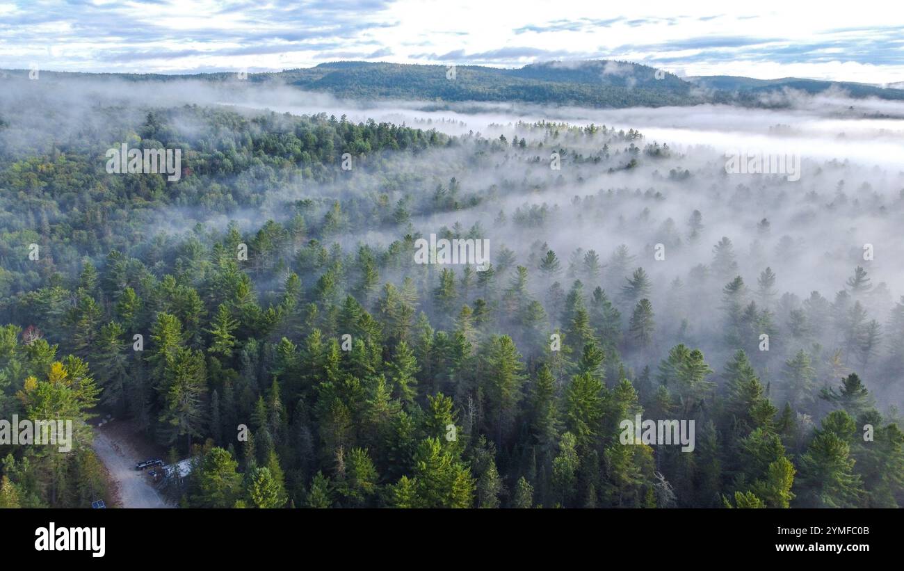 The image shows a beautiful lakeside campsite in the morning. The ...