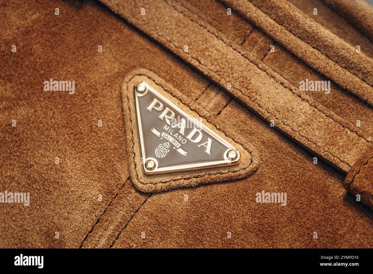 Milan, Italy - August 20, 2024: Prada enameled metal triangle logo ...