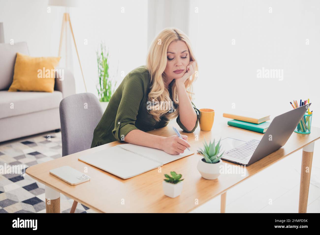 Photo of tired sad woman wear stylish clothes sit table workplace work ...
