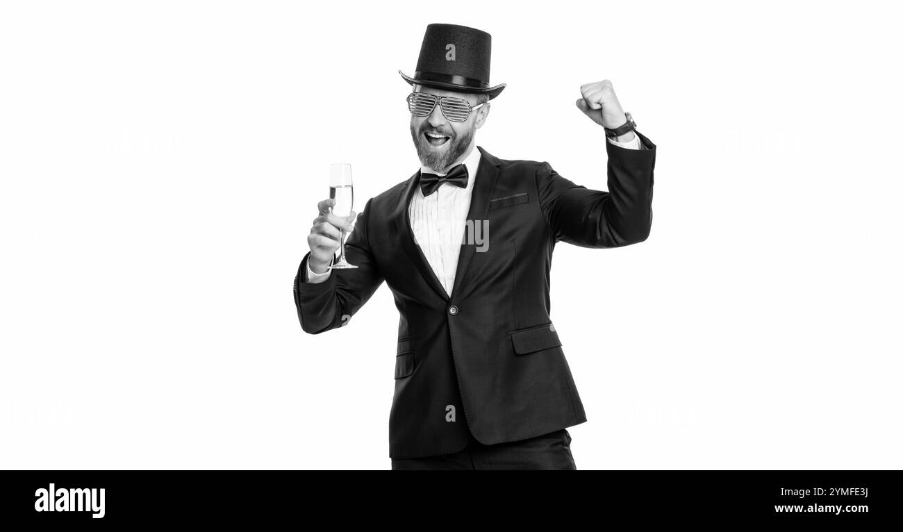 showman partygoer cheering with champagne. partygoer showman isolated ...