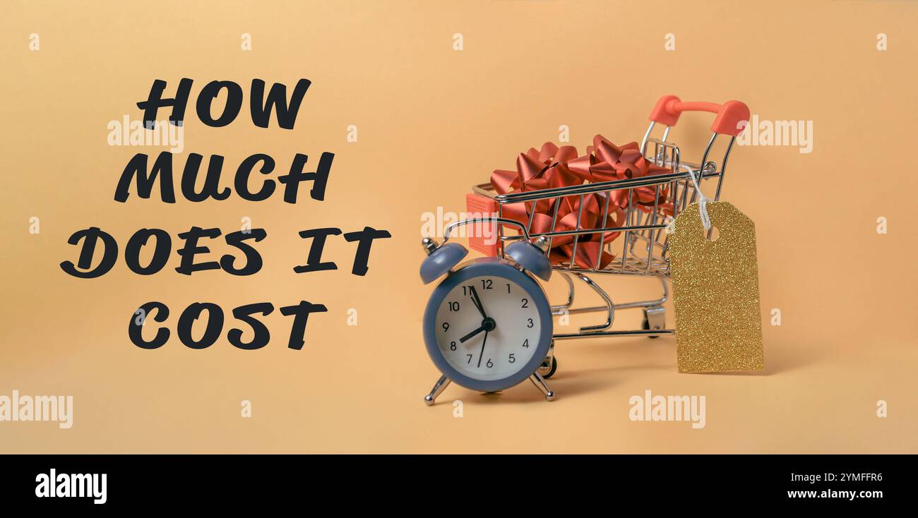 Shopping cart with a clock on it and the words How much does it cost ...