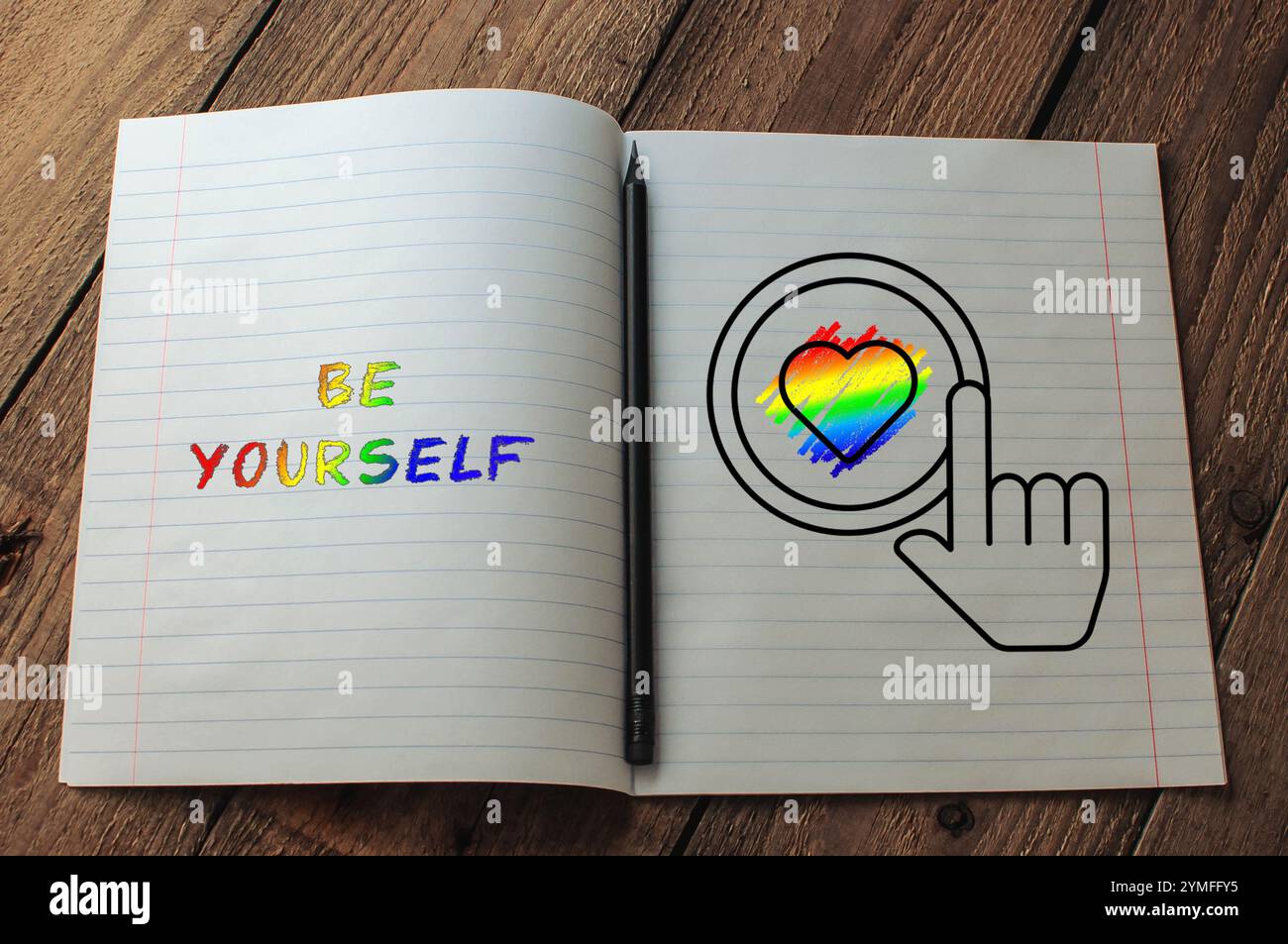 Notebook with a rainbow heart and the words be yourself written on it ...