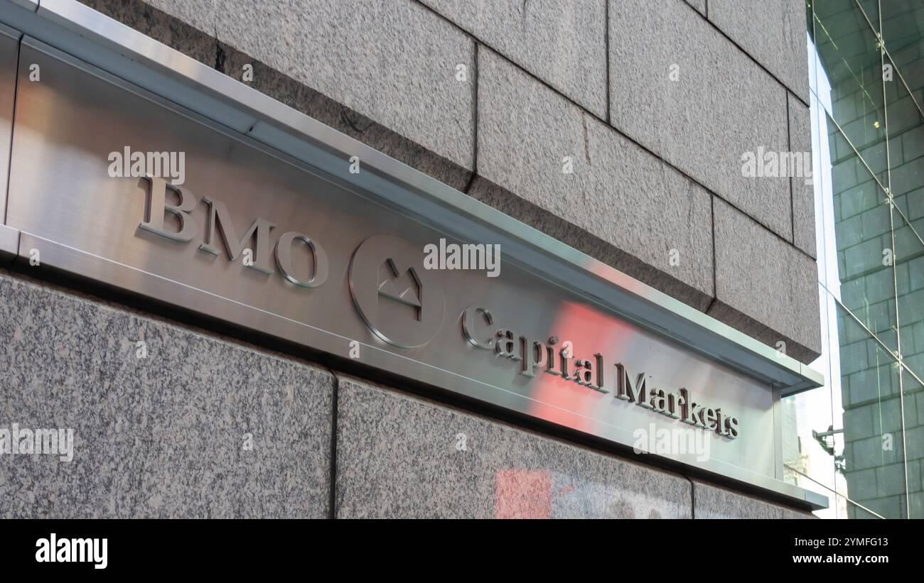 Closeup of BMO Capital Markets sign is seen outside their office in New ...
