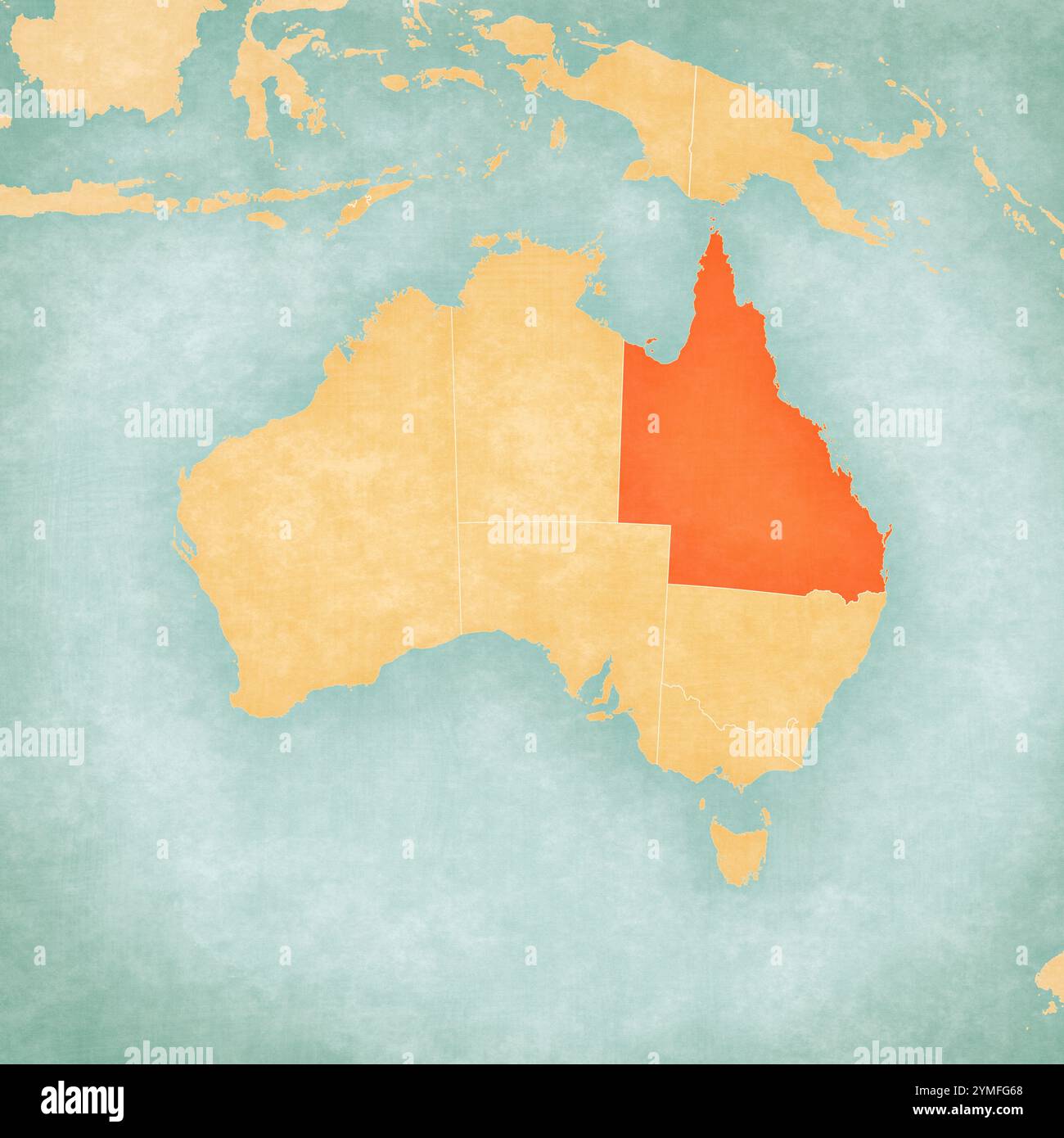 Queensland on the map of Australia in soft grunge and vintage style ...