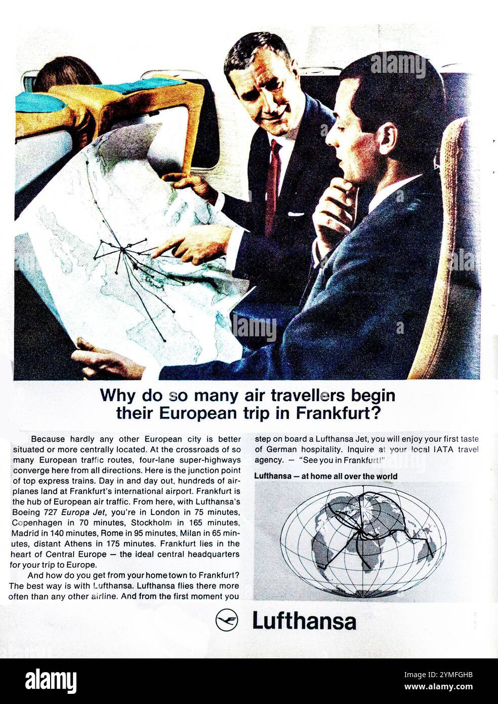 A 1965 advertisement for Lufthansa Airline showing two business men ...