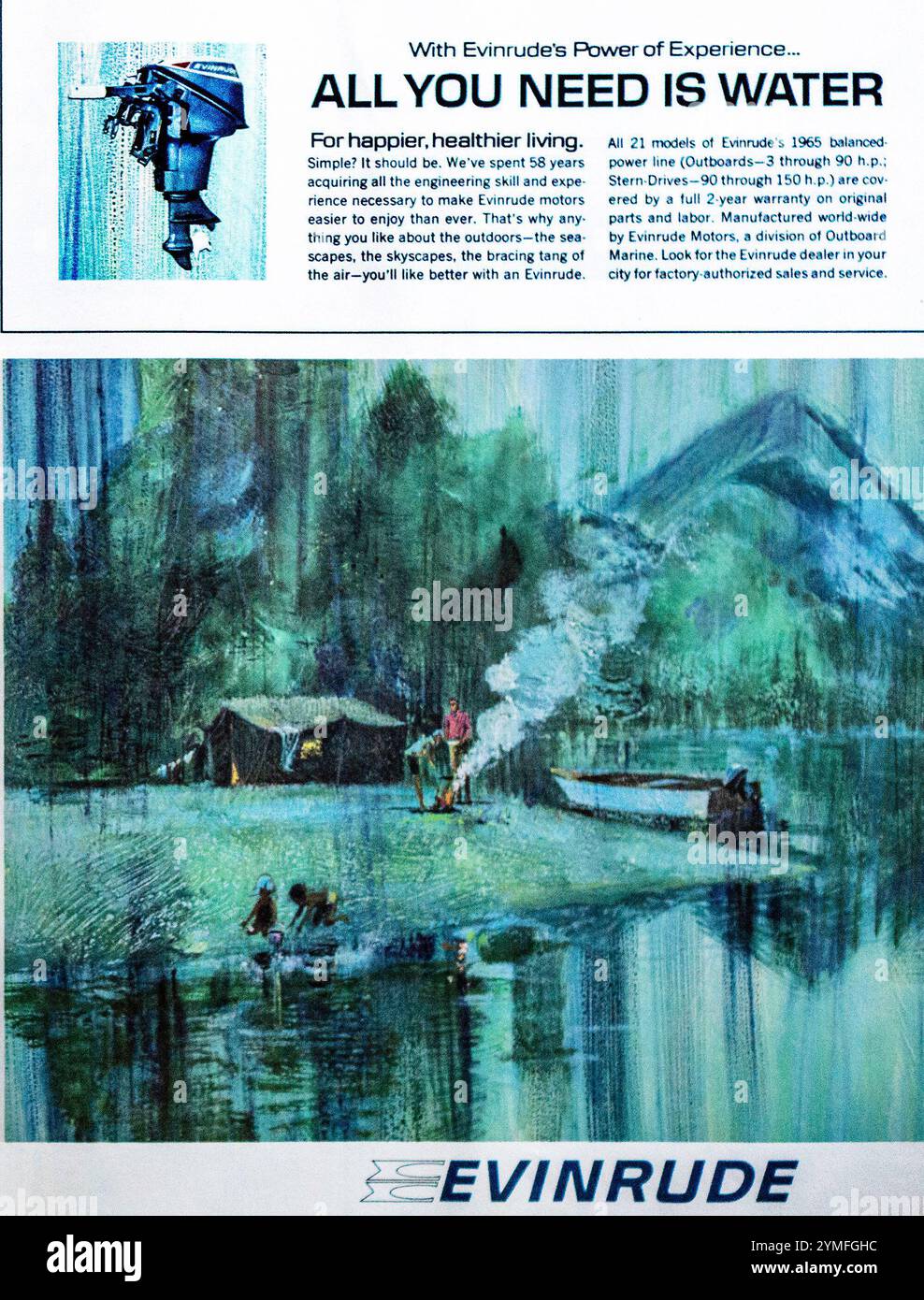 A 1965 advertisement for Evinrude balanced power line outboard motors ...