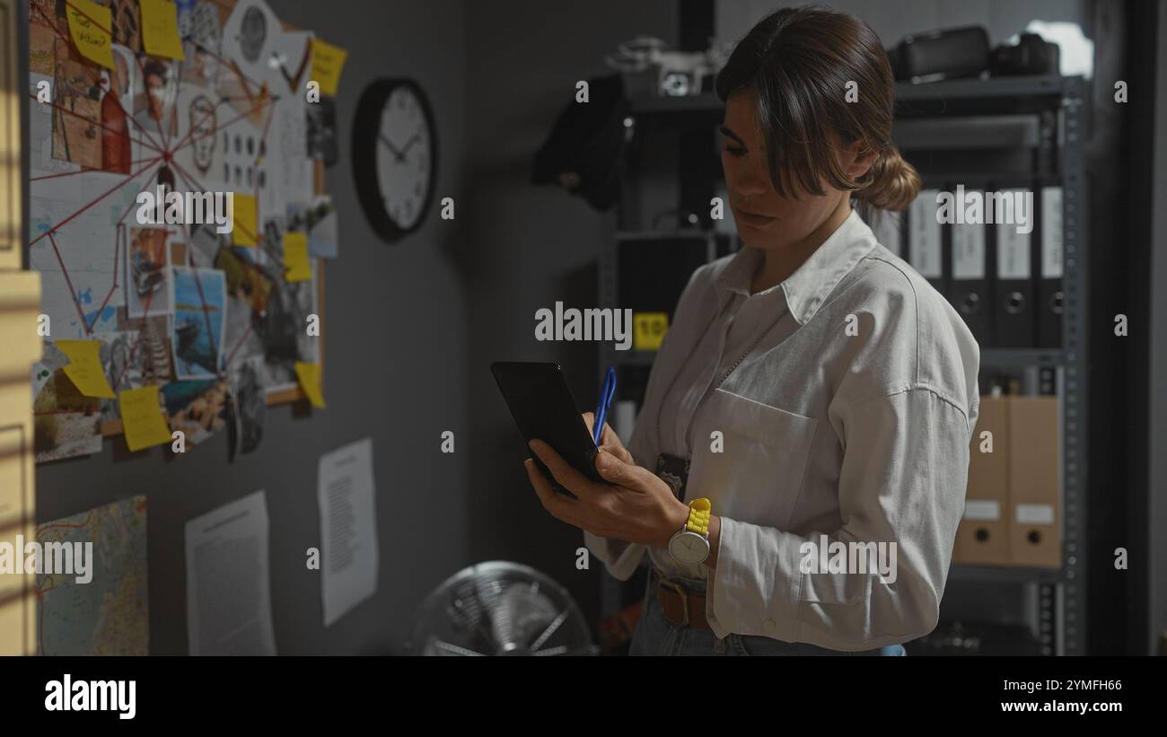 Focused young woman detective taking notes in a cluttered police ...
