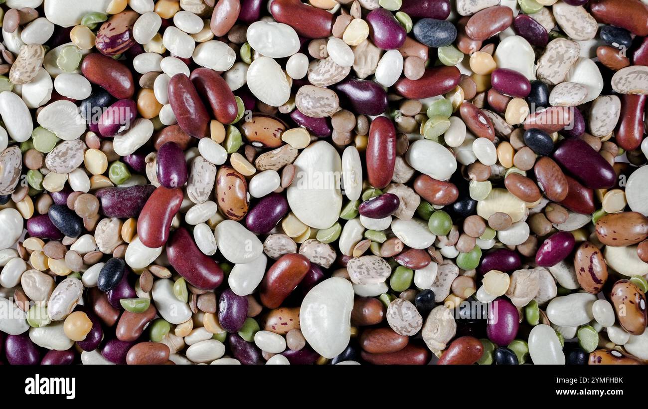 A vibrant collection of beans displays different shapes, sizes, and ...