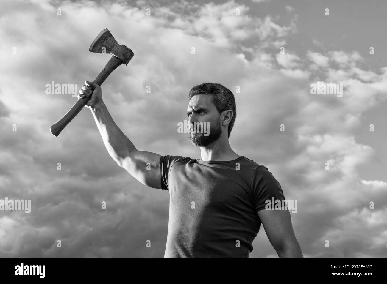 confident men with axe. caucasian men hold ax. brutal men on sky ...