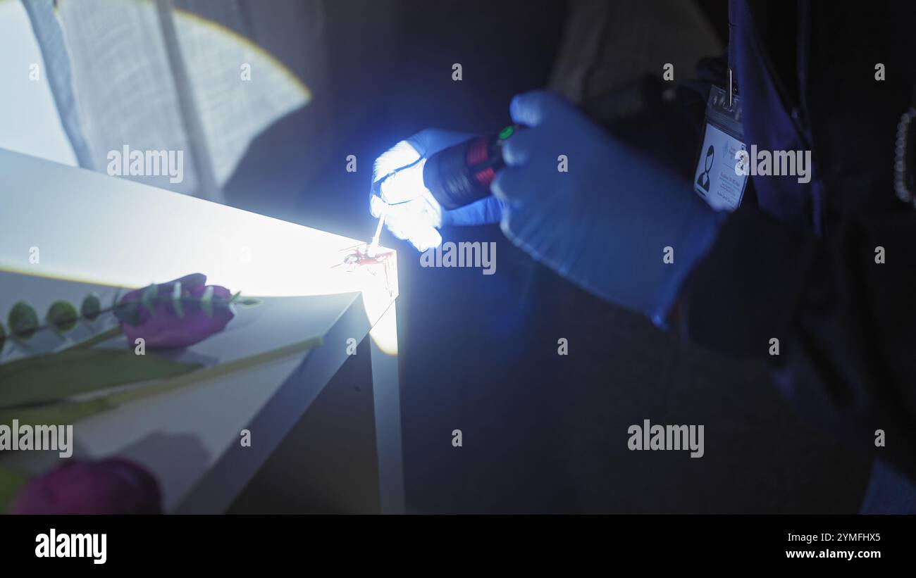 Forensic expert investigates a dark indoor crime scene with a ...