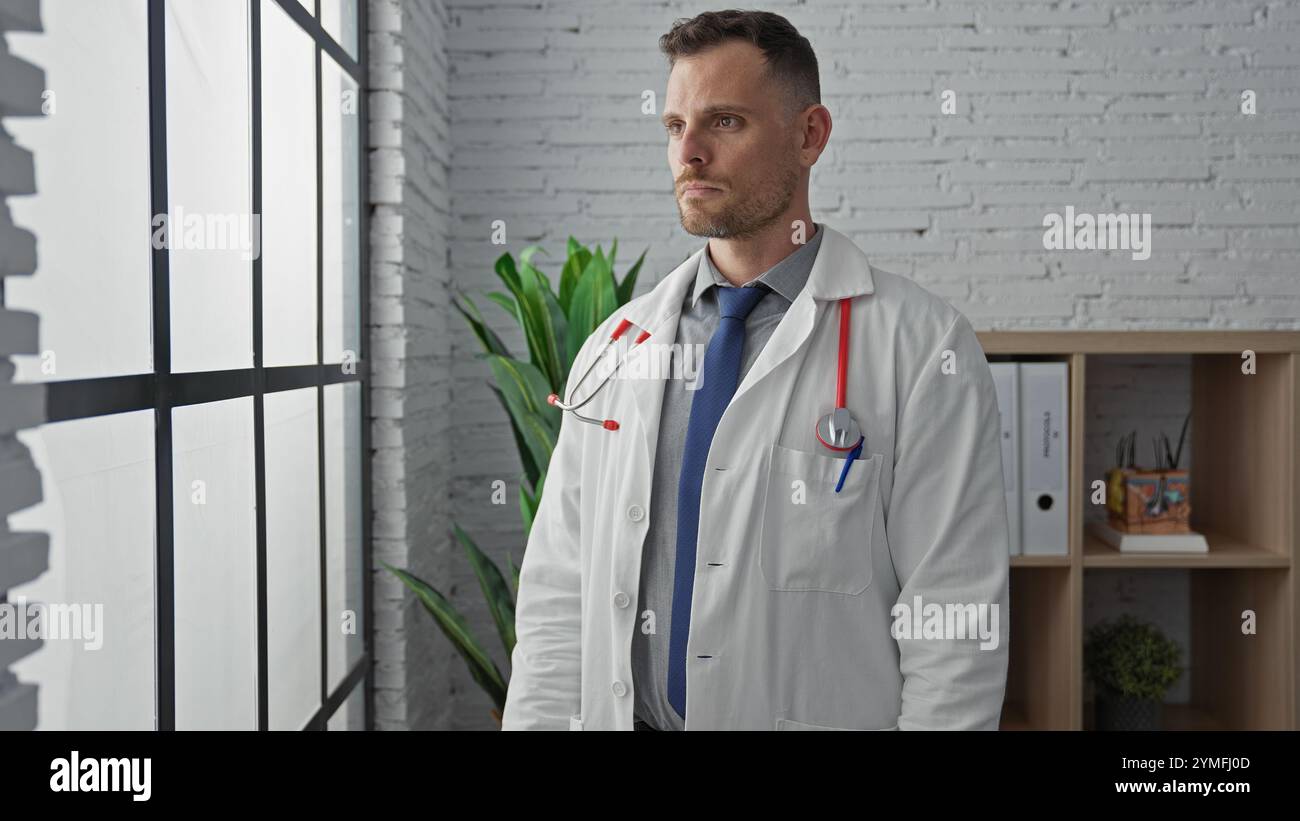 A professional man wearing a lab coat stands contemplatively in a ...