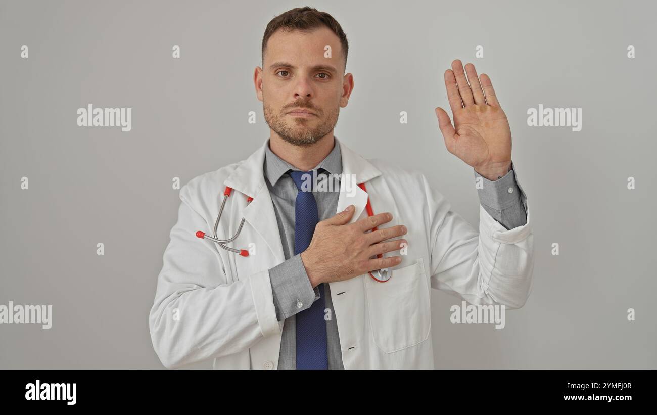 A professional young adult male doctor in a white coat over an isolated ...
