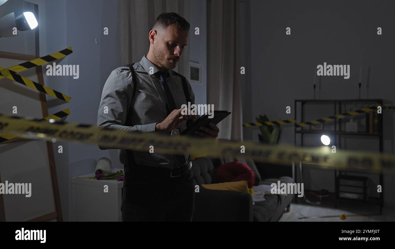 A young man examines a digital tablet at a taped-off crime scene in a ...