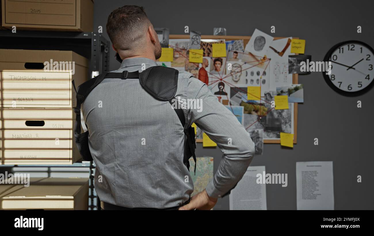 Back view of a determined man analyzing evidence on a cork board in a ...