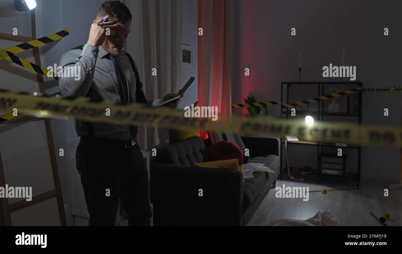 Hispanic man in suit appears stressed examining notes at indoor crime ...