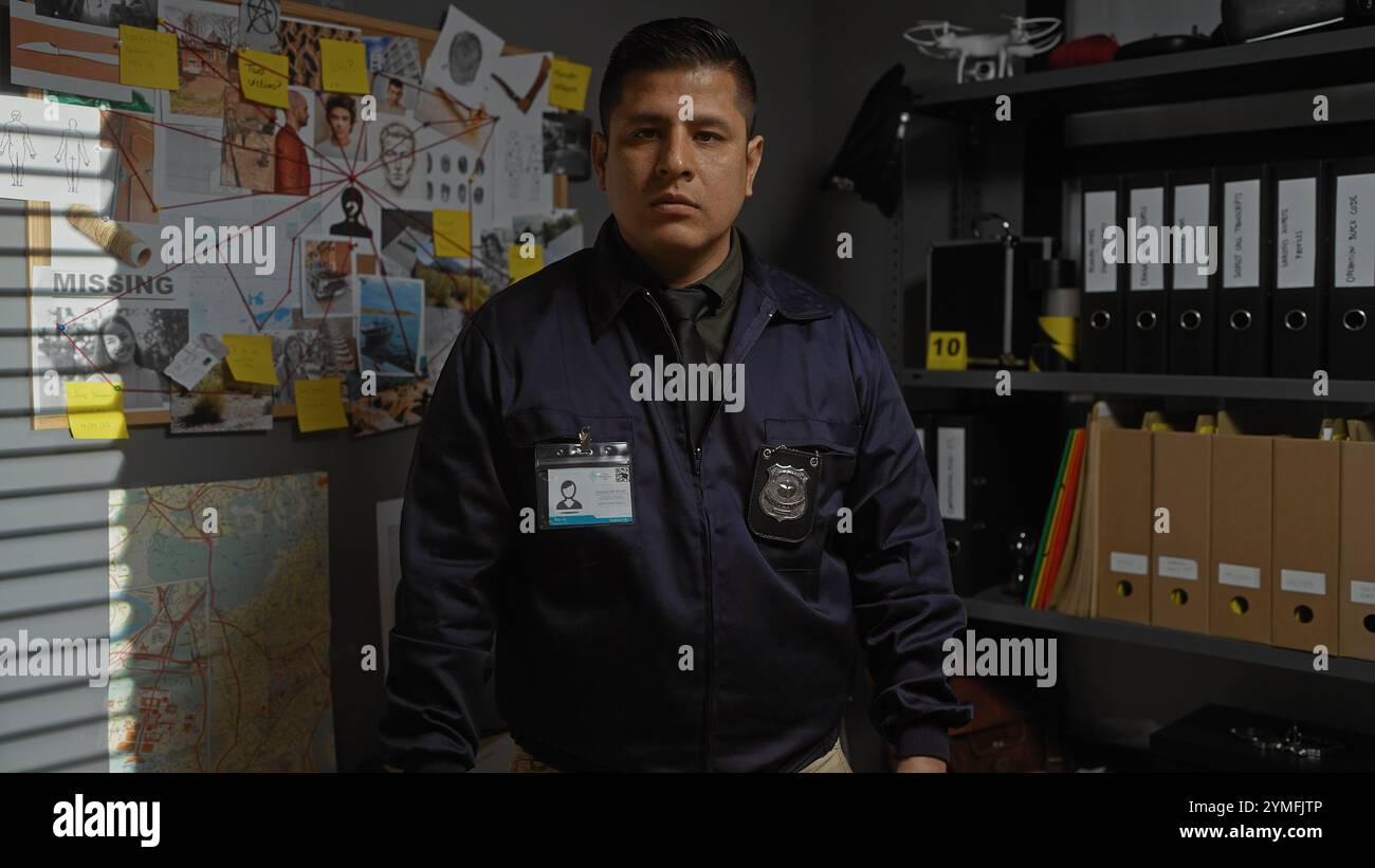 Confident hispanic detective in uniform stands in a police station ...