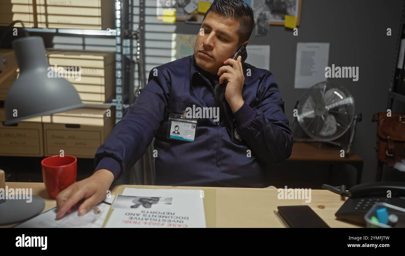 Hispanic man in detective office talking on phone amidst investigation ...