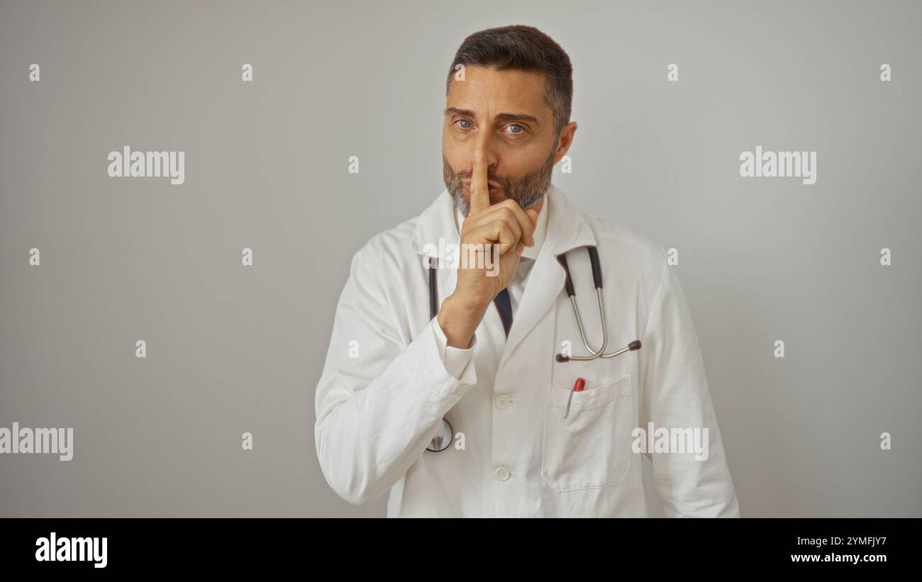 Doctor wearing a white coat makes a hush gesture with finger on lips ...