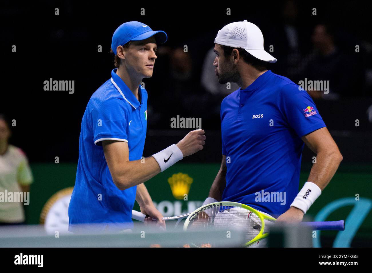 Jannik Sinner and Matteo Berrettini of Italy celebrate a point against Molteni Andres and Maximo ...