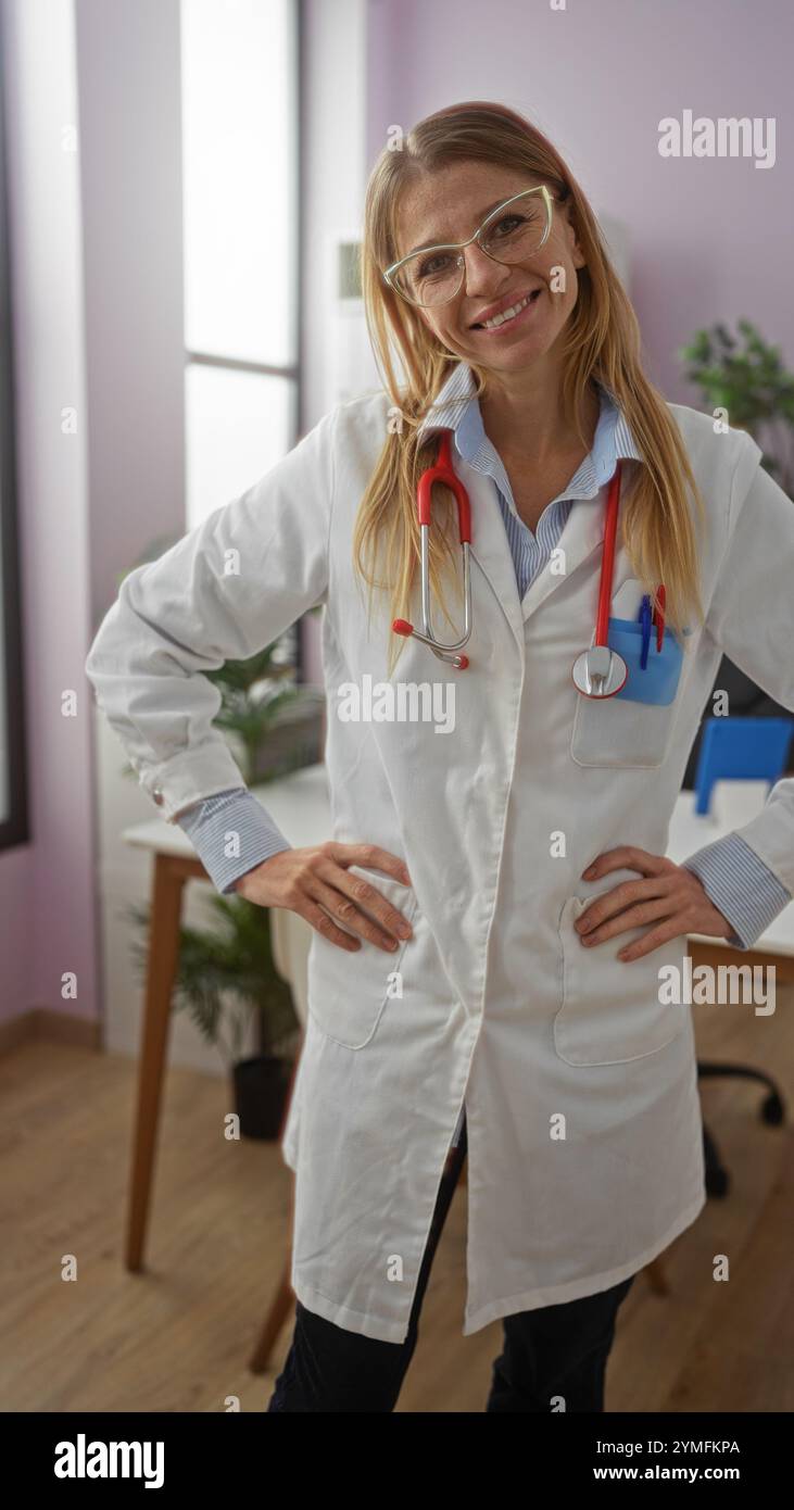 Woman doctor smiling confidently with stethoscope in hospital office ...
