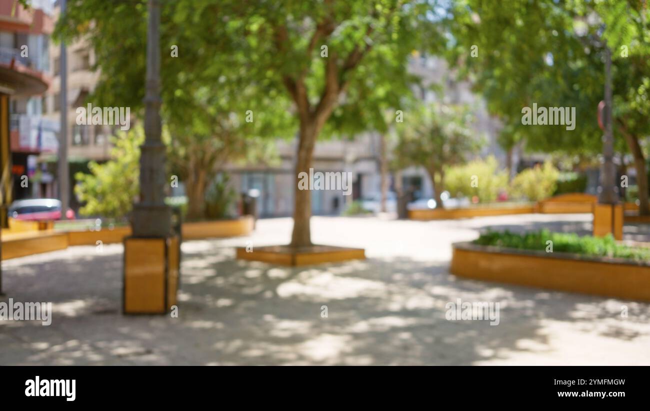 Defocused view of a sunny park with lush trees and benches, capturing a ...
