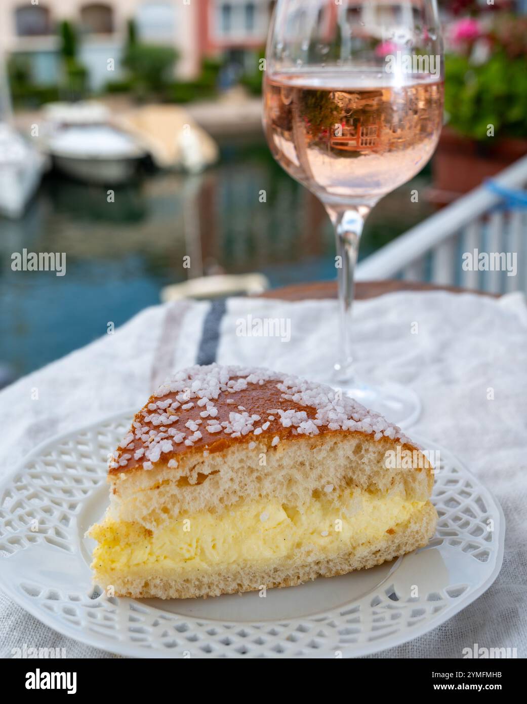 Wine and cakes of French Riviera, glass of cold rose Cote de Provence ...