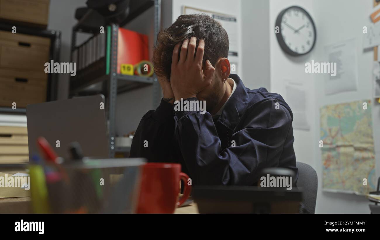 Stressed young man in a detective's office, with clock, map, and laptop ...