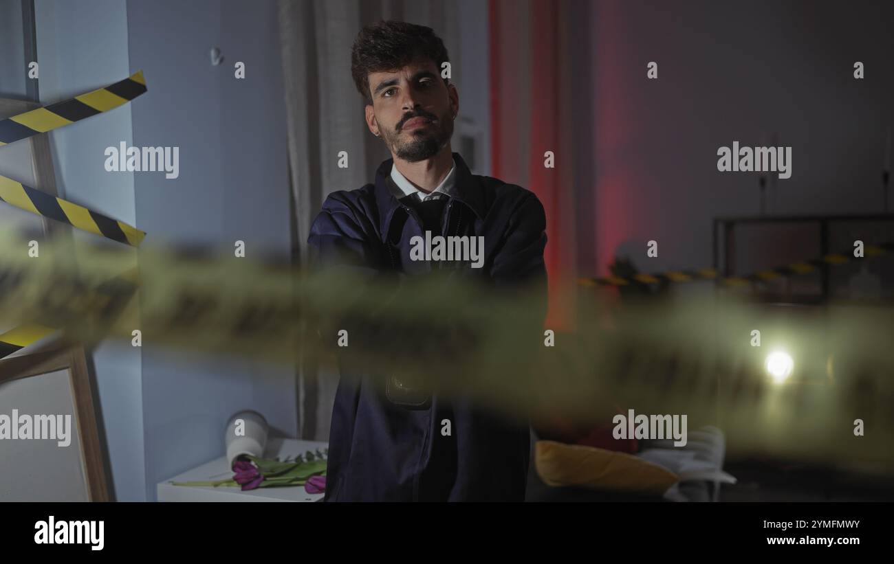 A pensive man stands behind police tape at a dimly lit indoor crime ...