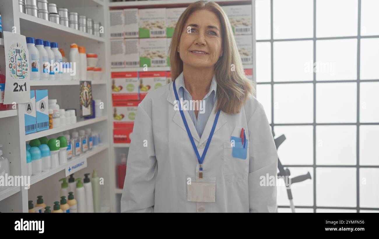 Confident female pharmacist smiling in a white lab coat standing in a ...