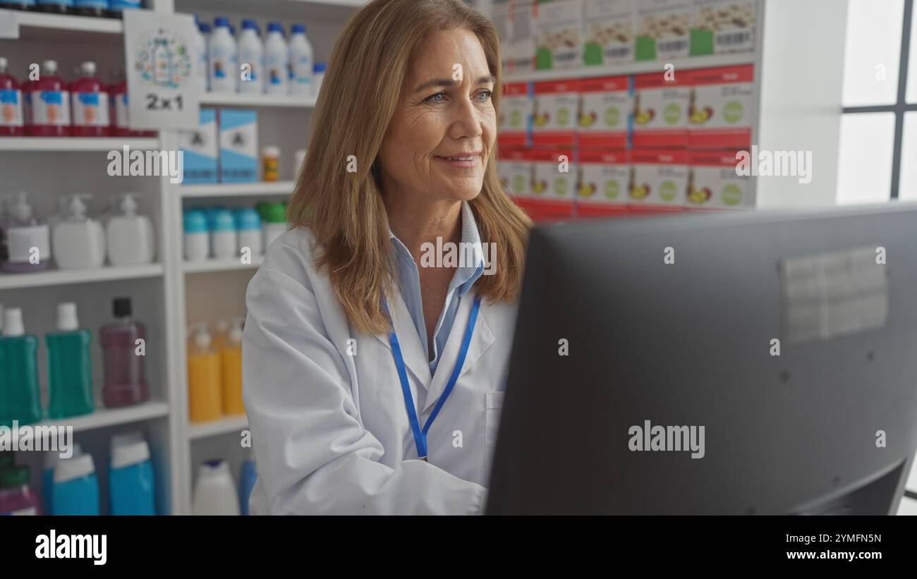 Mature woman pharmacist working on computer in drugstore with shelves ...
