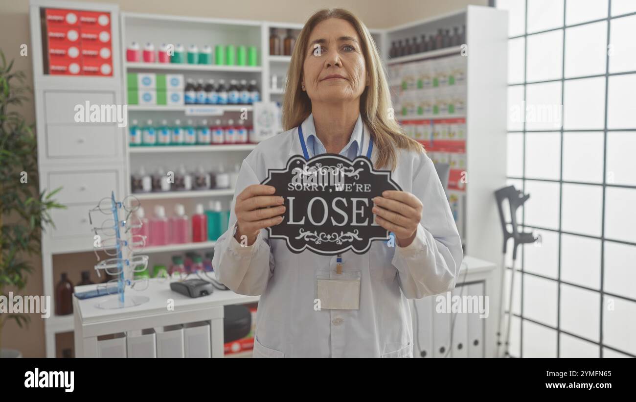 Mature woman pharmacist holding 'closed' sign in modern pharmacy ...