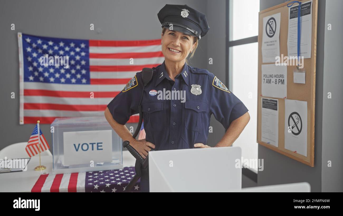 Smiling female police officer standing in an american voting station ...