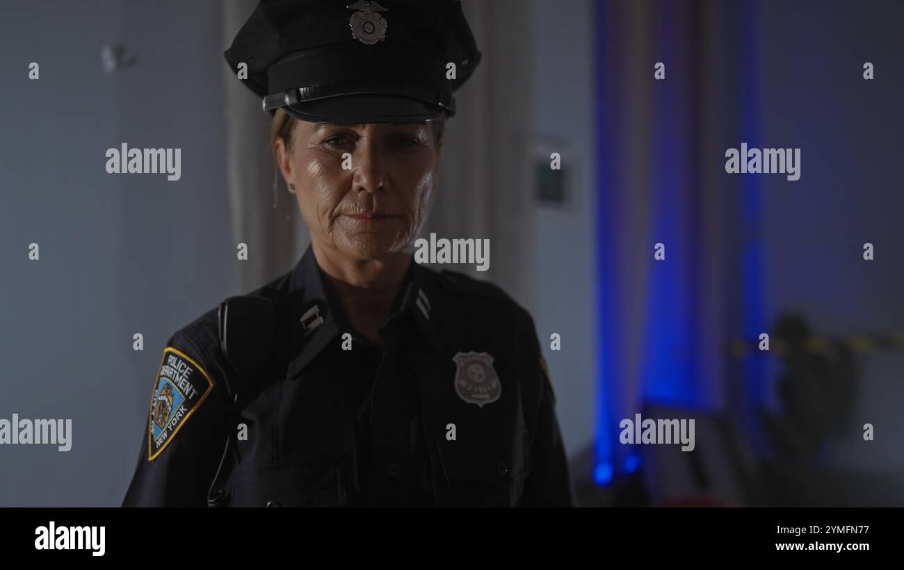 Mature female police officer investigating a crime scene indoors with a ...