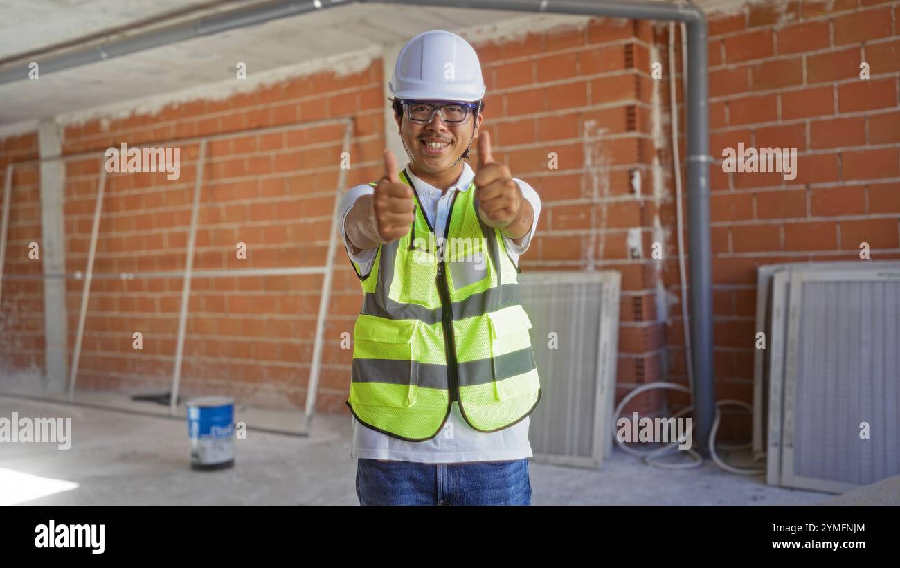 Chinese man working indoors on a construction site gives thumbs-up ...