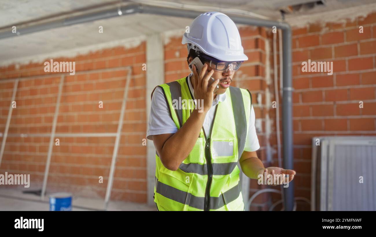 Young chinese man in safety vest and helmet talking on phone at indoor ...