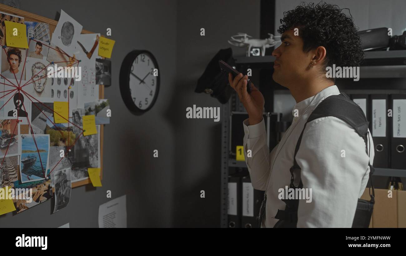 Handsome hispanic man recording a voice message in a detective's office ...