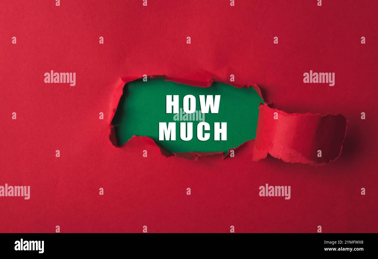 Red background with a green word that says how much in white. The image ...
