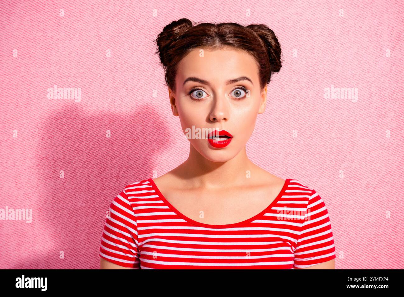 Close up photo beautiful she her lady pretty two buns unexpected news ...