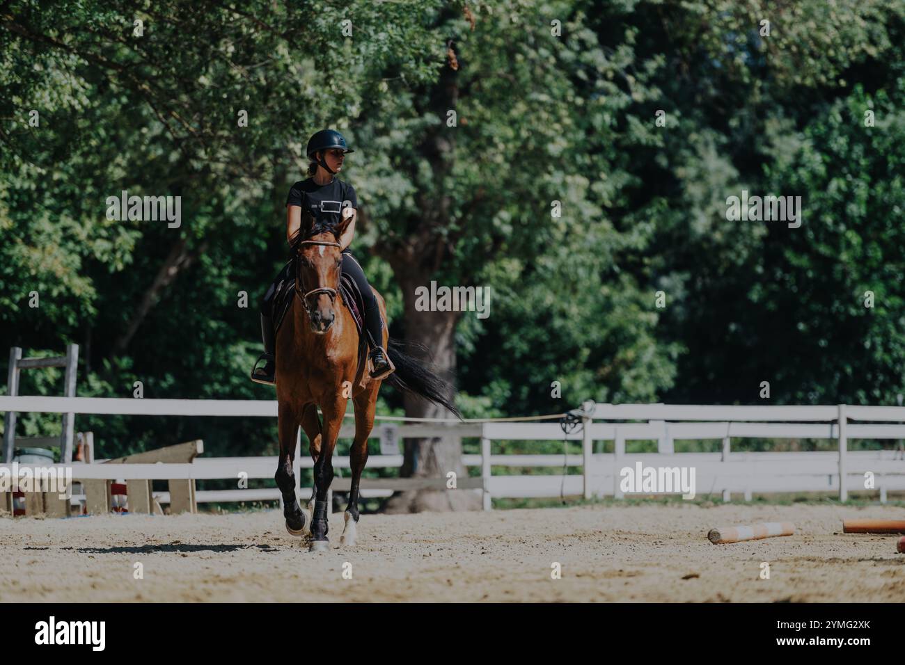 Woman riding a horse in an outdoor equestrian training area Stock Photo ...