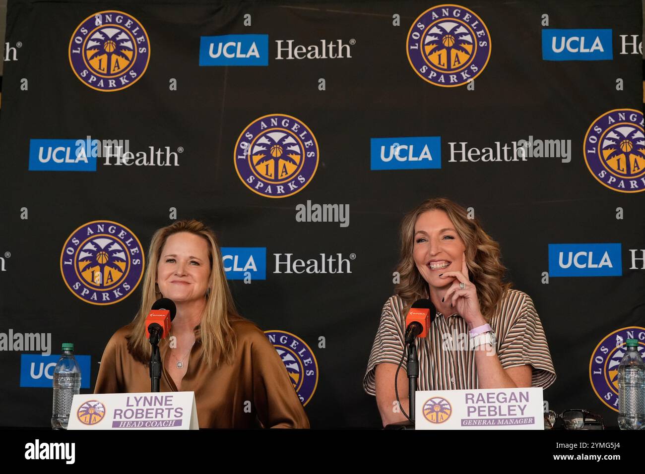 Lynne Roberts, left, is introduced as the Los Angeles Sparks new head ...
